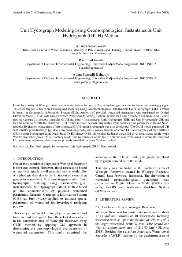 Pdf Unit Hydrograph Modeling Using Geomorphological Instantaneous Unit Hydrograph Giuh Method