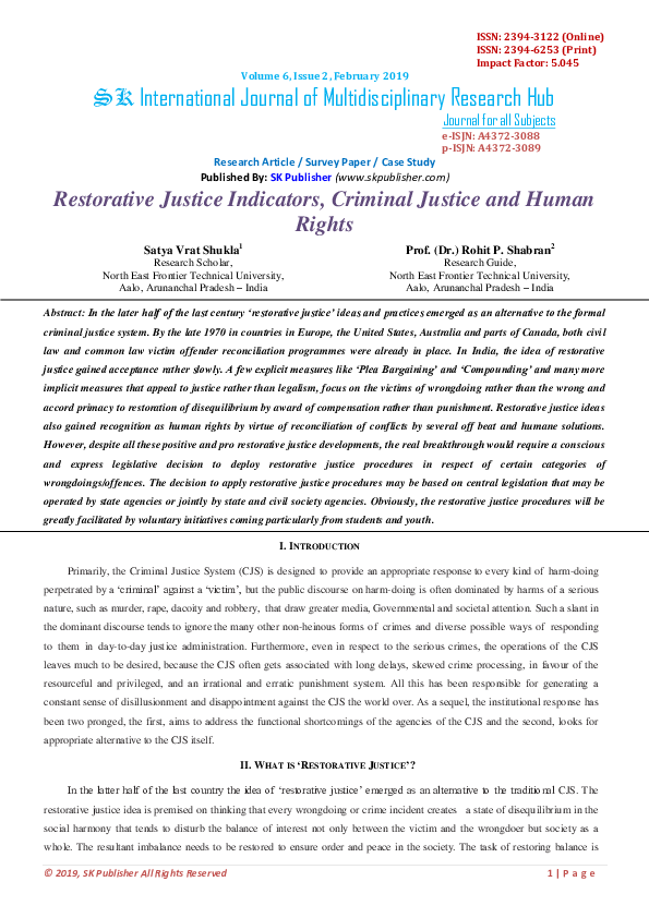 (PDF) Restorative Justice Indicators, Criminal Justice and Human Rights