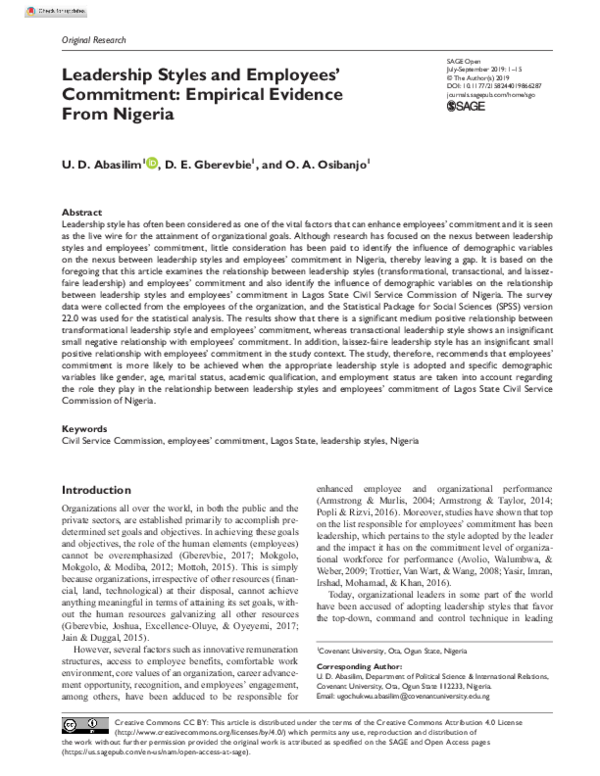 (PDF) Leadership Styles and Employees’ Commitment: Empirical Evidence From Nigeria