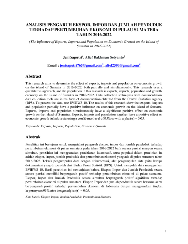 (PDF) ANALISIS PENGARUH EKSPOR, IMPOR DAN JUMLAH PENDUDUK TERHADAP PERTUMBUHAN EKONOMI DI PULAU ...