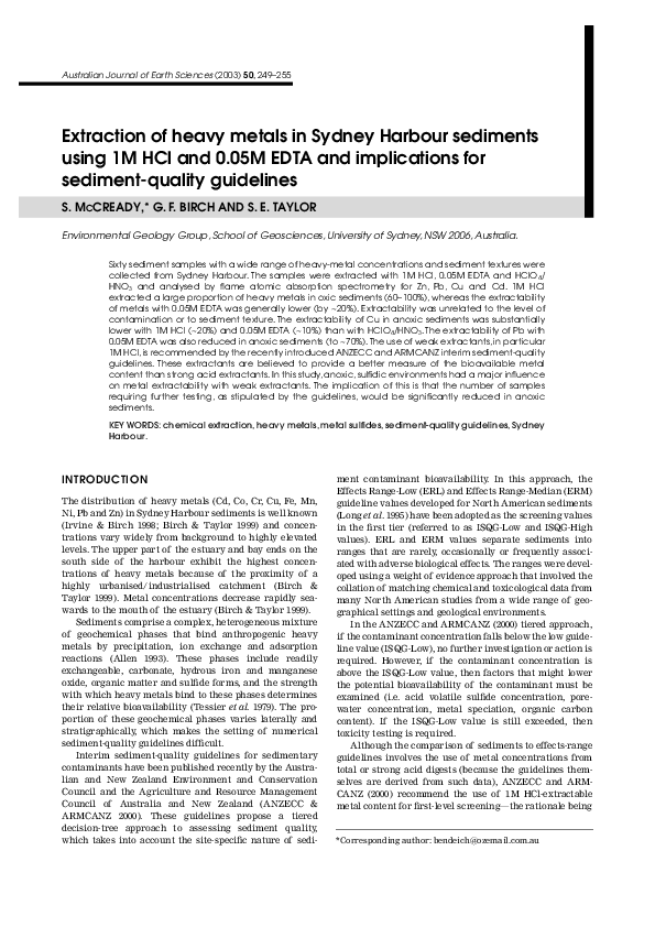 (PDF) Extraction of heavy metals in Sydney Harbour sediments using 1M ...