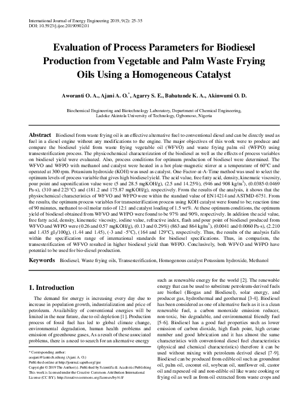 (PDF) Production of biodiesel from waste frying oils