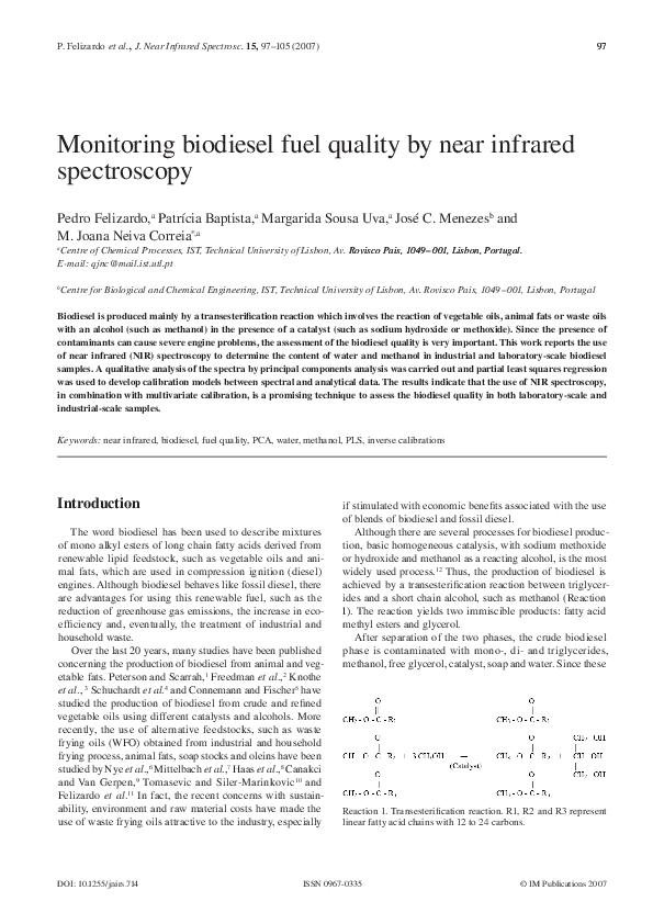 (PDF) Monitoring Biodiesel Fuel Quality by near Infrared Spectroscopy