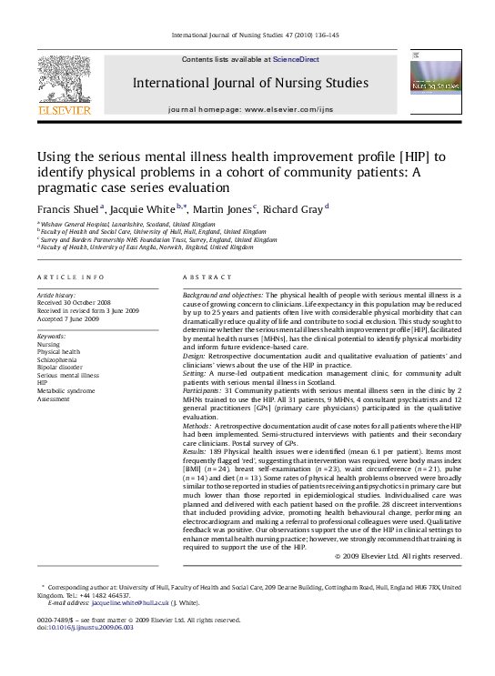 Using the serious mental illness health improvement profile [HIP] to ...
