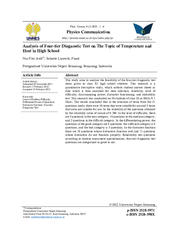 (PDF) Analysis of Four-tier Diagnostic Test on The Topic of Temperature ...