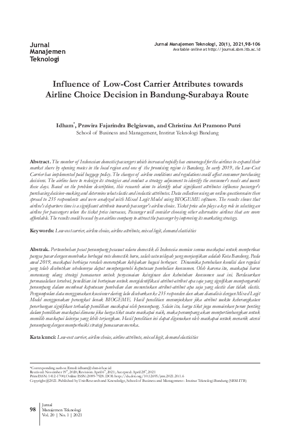 (PDF) Influence of Low-Cost Carrier Attributes towards Airline Choice ...