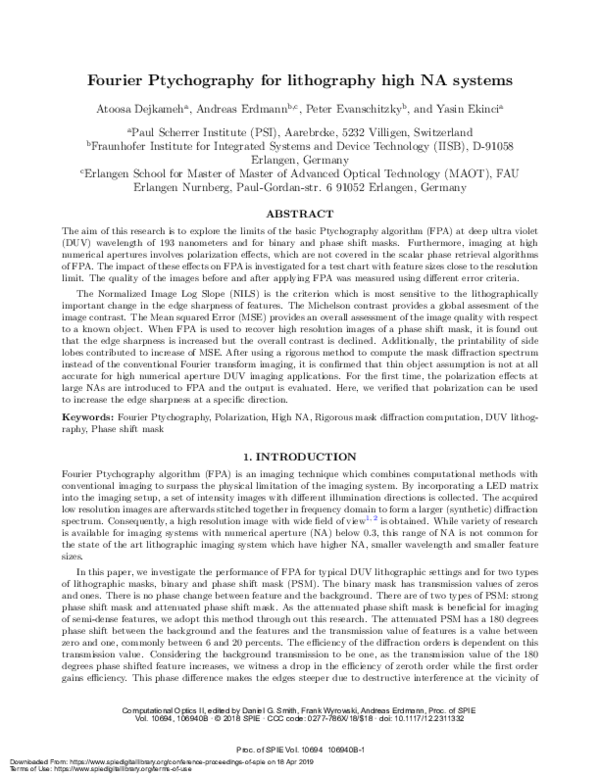 (PDF) Fourier ptychography for lithography high NA systems