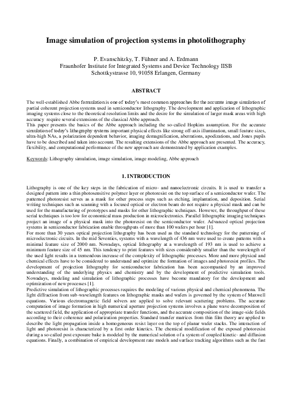 (PDF) Image simulation of projection systems in photolithography