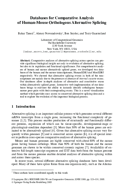 (PDF) Databases for Comparative Analysis of Human-Mouse Orthologous Alternative Splicing