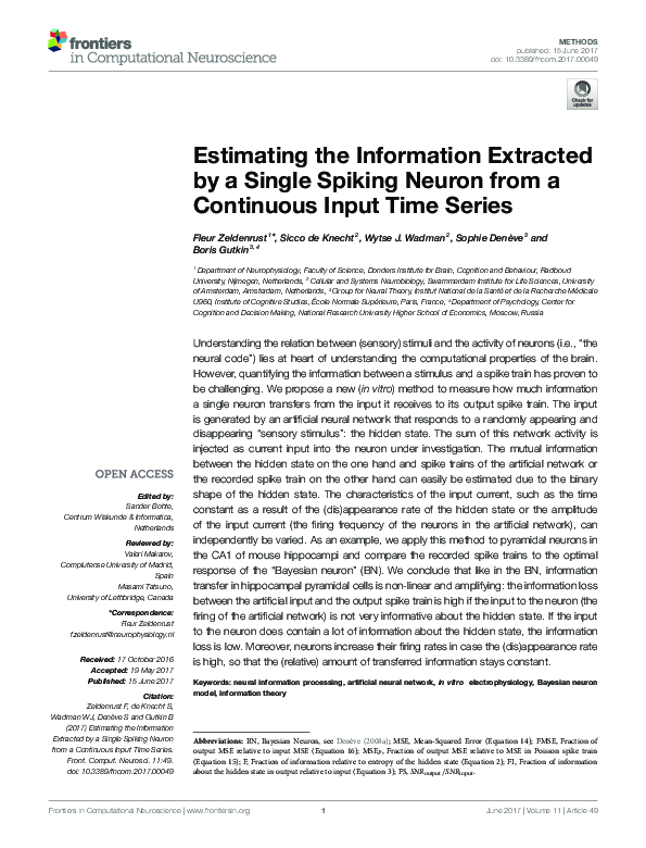 (PDF) Estimating the Information Extracted by a Single Spiking Neuron from a Continuous Input ...
