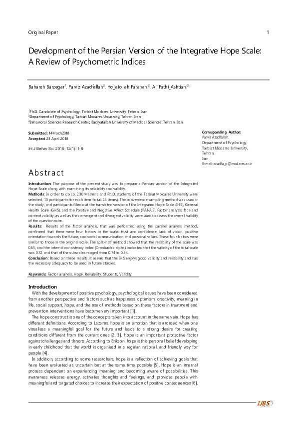 (PDF) Development of the Persian Version of the Integrative Hope Scale ...