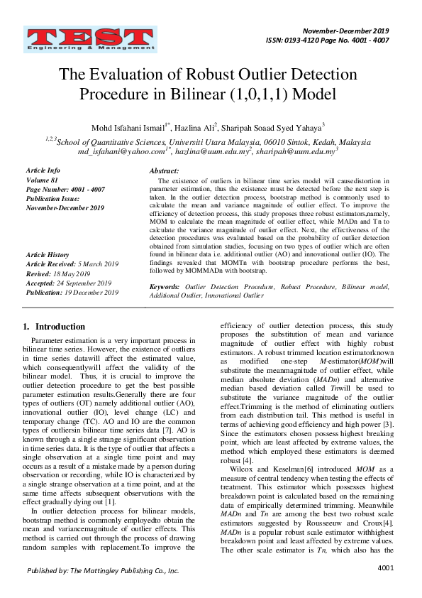 (PDF) The Evaluation of Robust Outlier Detection Procedure in Bilinear (1,0,1,1) Model