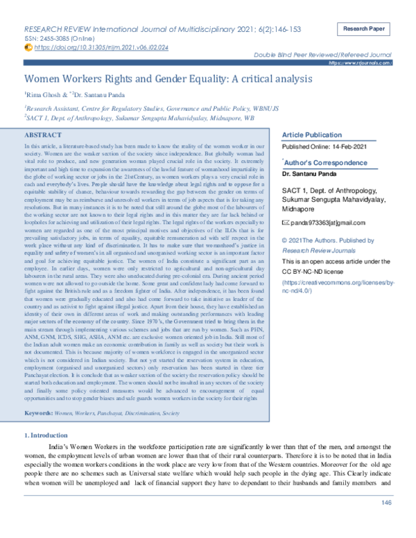 (PDF) Women Workers Rights and Gender Equality: A critical analysis