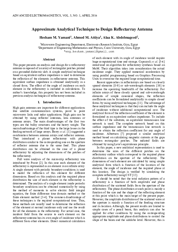 (PDF) Approximate Analytical Technique to Design Reflectarray Antenna