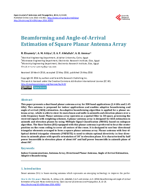 (PDF) Beamforming and Angle-of-Arrival Estimation of Square Planar Antenna Array