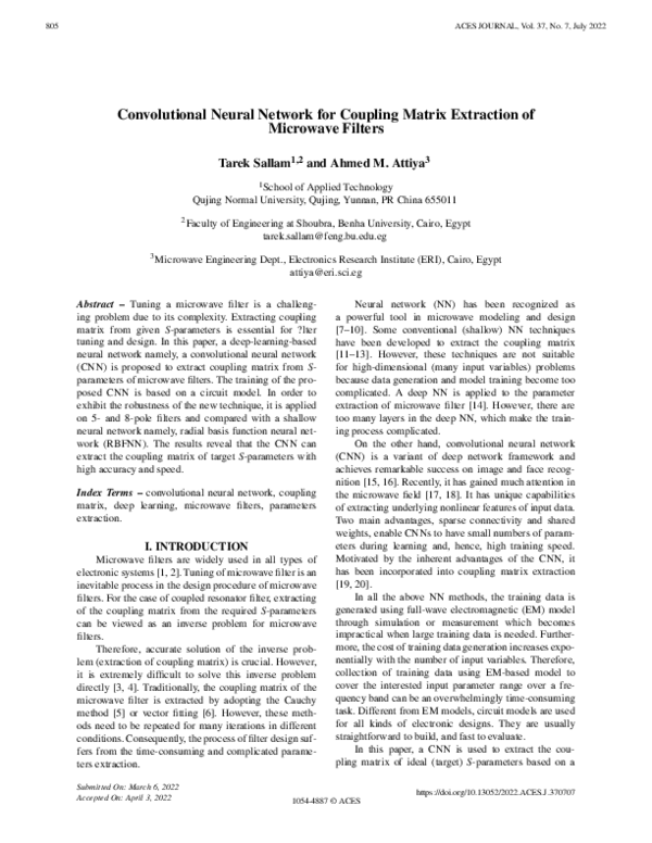 (PDF) Convolutional Neural Network for Coupling Matrix Extraction of Microwave Filters