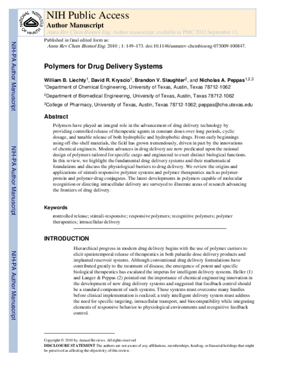 (PDF) Polymers for Drug Delivery Systems