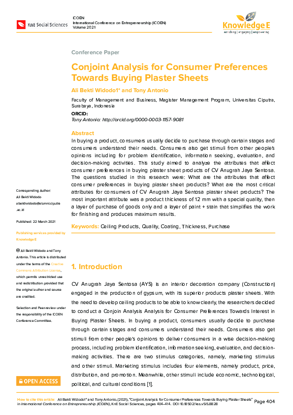 (PDF) Conjoint Analysis for Consumer Preferences Towards Buying Plaster Sheets