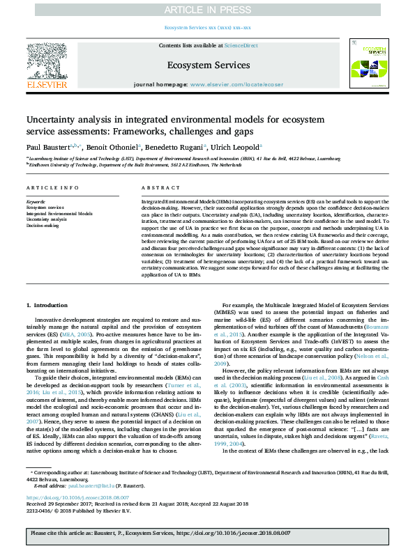 (PDF) Uncertainty analysis in integrated environmental models for ecosystem service assessments ...