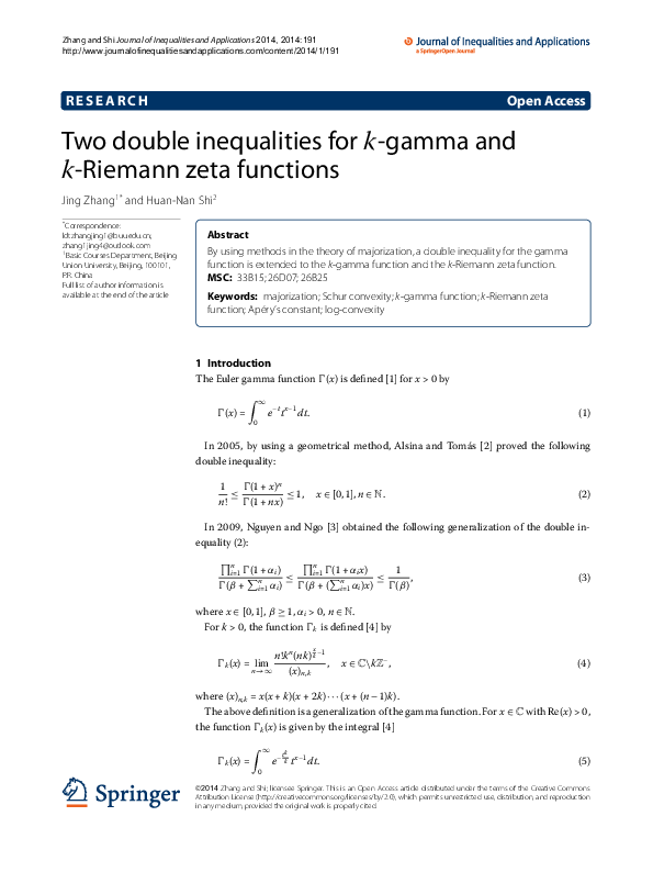 (PDF) Two double inequalities for k-gamma and k-Riemann zeta functions