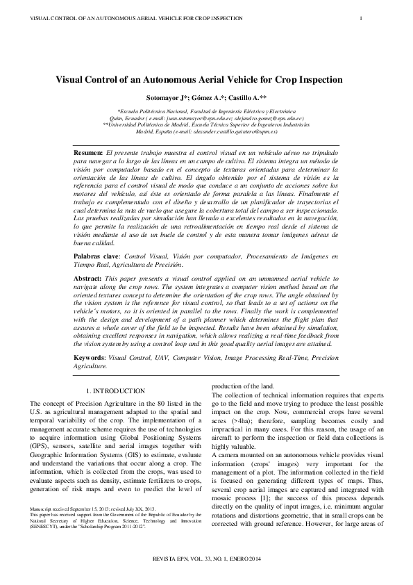(PDF) Visual Control of an Autonomous Aerial Vehicle for Crop Inspection