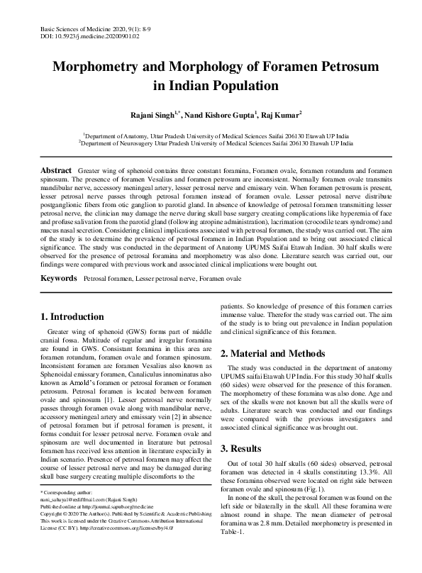 (PDF) Morphometry and Morphology of Foramen Petrosum in Indian Population