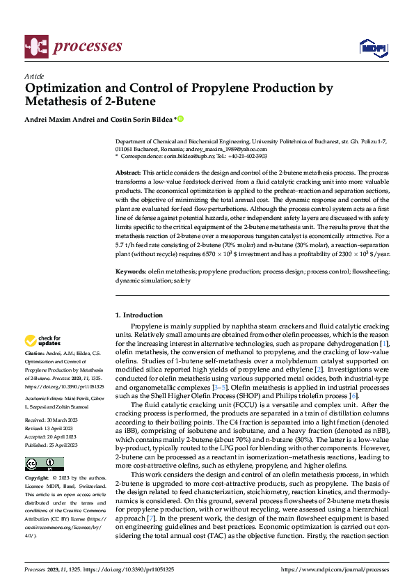 (PDF) Optimization and Control of Propylene Production by Metathesis of ...