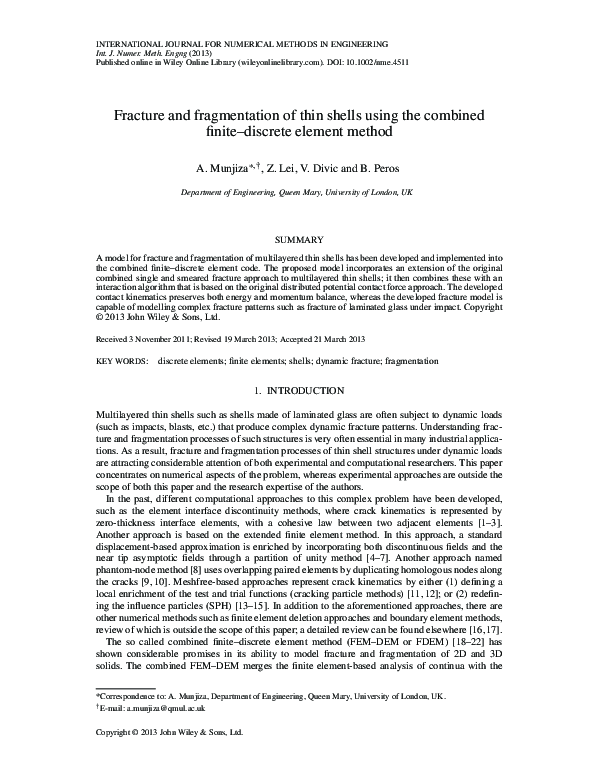 Pdf Fracture And Fragmentation Of Thin Shells Using The Combined Finite Discrete Element Method