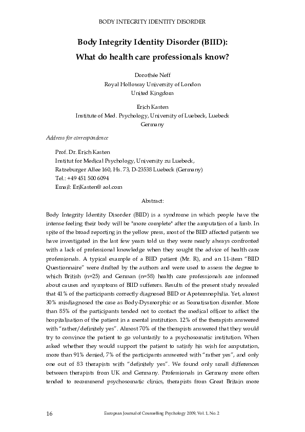 (PDF) Body Integrity Identity Disorder (BIID): What do health care ...