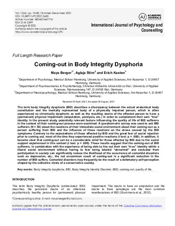 (PDF) Coming-out in Body Integrity Dysphoria