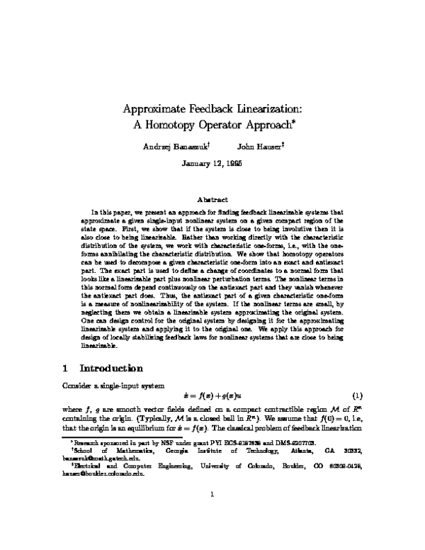 (PDF) Approximate Feedback Linearization: A Homotopy Operator Approach