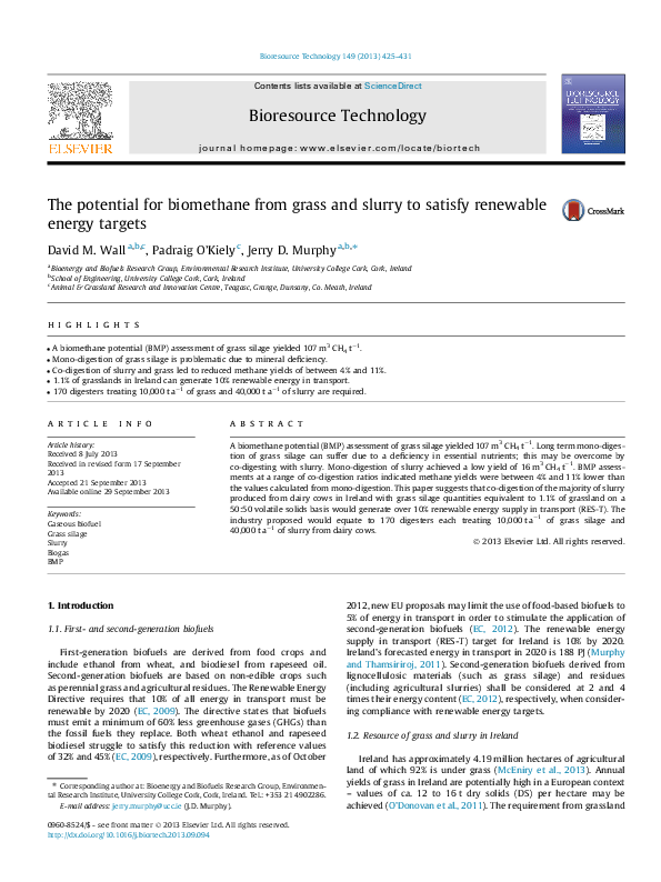 (PDF) The potential for biomethane from grass and slurry to satisfy renewable energy targets