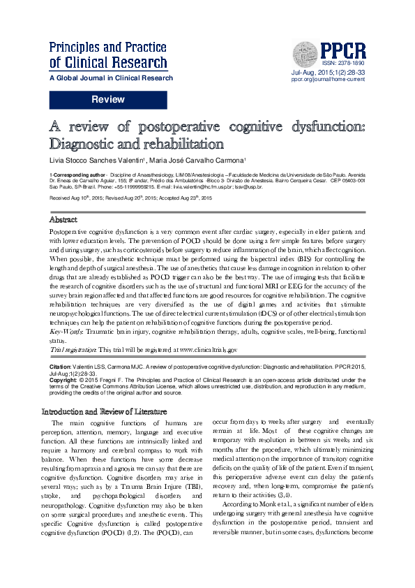 (PDF) A review of postoperative cognitive dysfunction: Diagnostic and ...