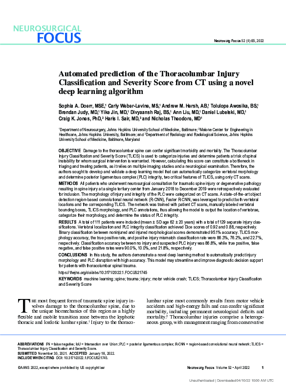 (PDF) Automated prediction of the Thoracolumbar Injury Classification and Severity Score from CT ...