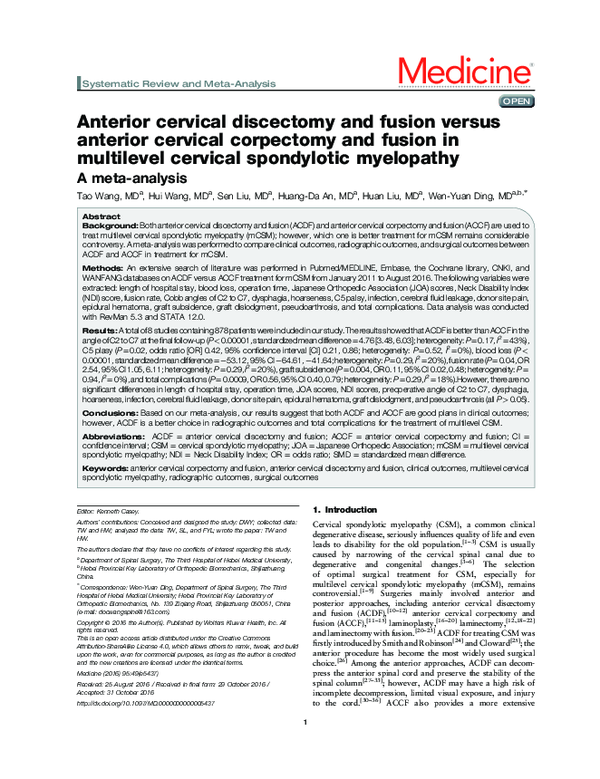 (PDF) Anterior cervical discectomy and fusion versus anterior cervical corpectomy and fusion for ...
