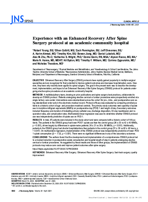 (PDF) Experience with an Enhanced Recovery After Spine Surgery protocol ...