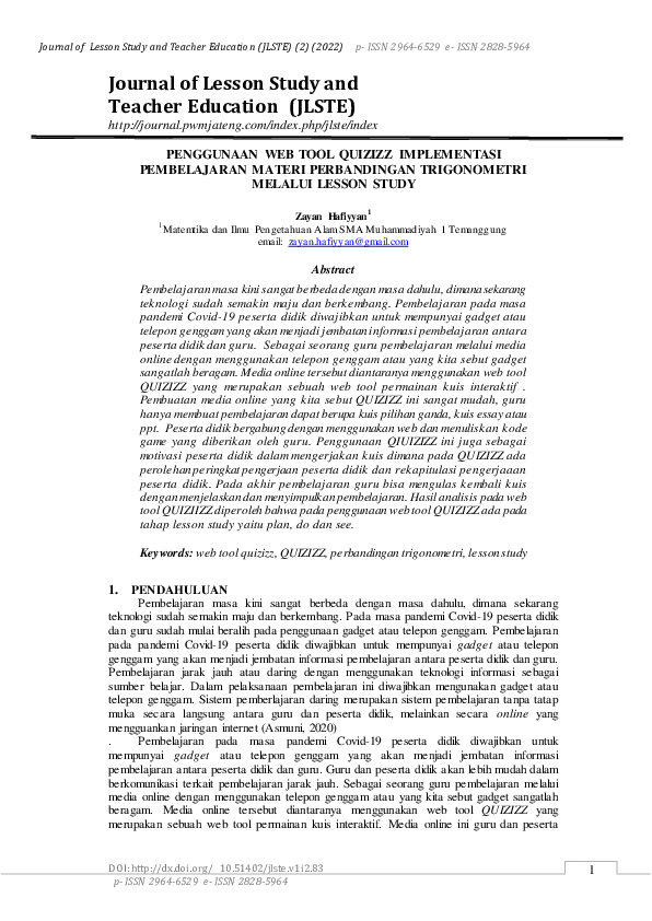 (PDF) Penggunaan Web Tool Quizizz Implementasi Pembelajaran Materi ...