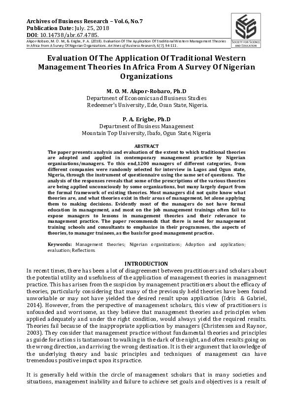 (PDF) Evaluation Of The Application Of Traditional Western Management ...