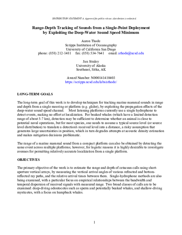 (PDF) Range-Depth Tracking of Sounds from a Single-Point Deployment by ...