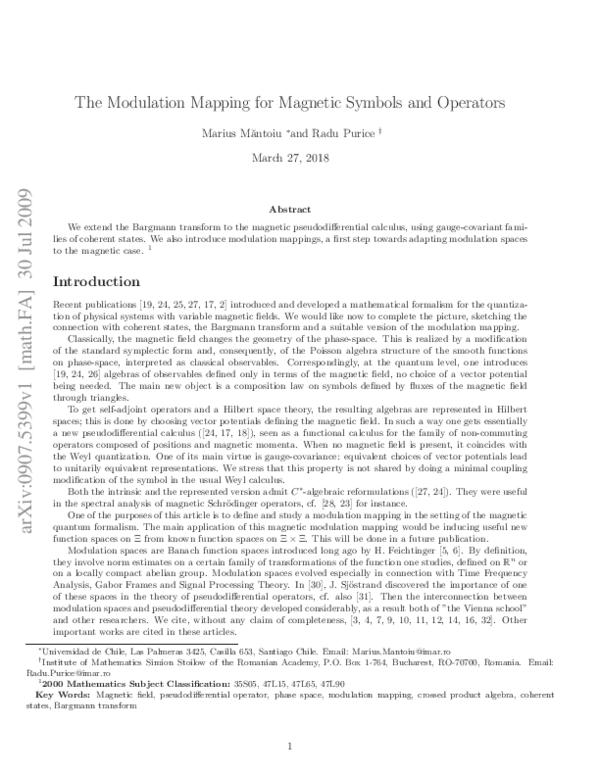 (PDF) The Modulation Mapping for Magnetic Symbols and Operators | Radu Purice - Academia.edu