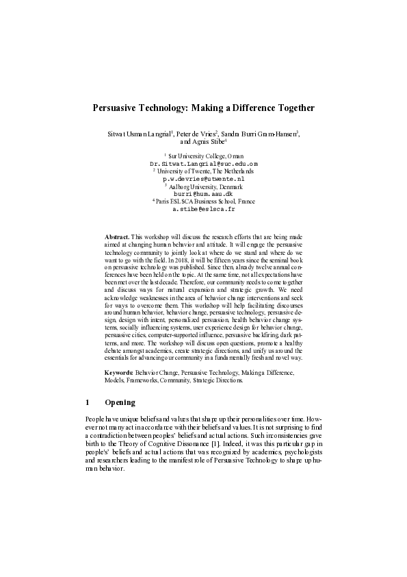 (PDF) Persuasive Technologies - Making a difference together