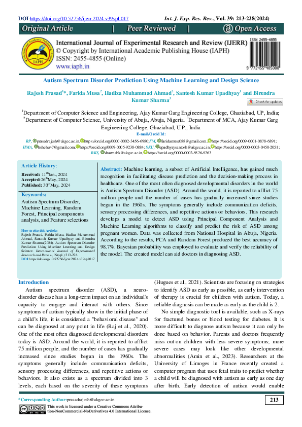 (PDF) Autism Spectrum Disorder Prediction Using Machine Learning and Design Science