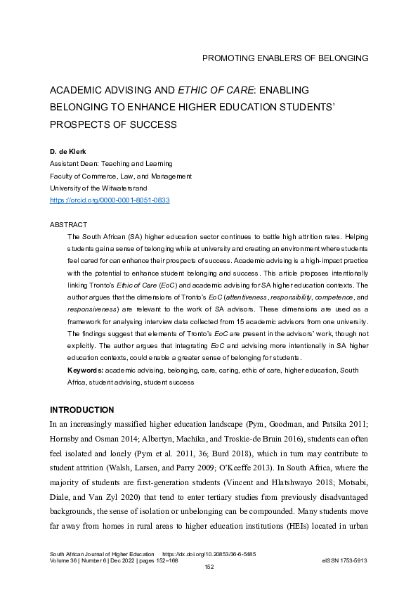 (PDF) Academic advising and ethic of care: Enabling belonging to ...