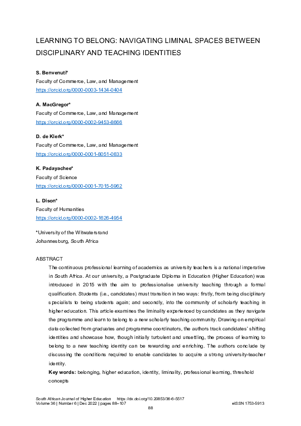 (PDF) Learning to belong: Navigating liminal spaces between ...