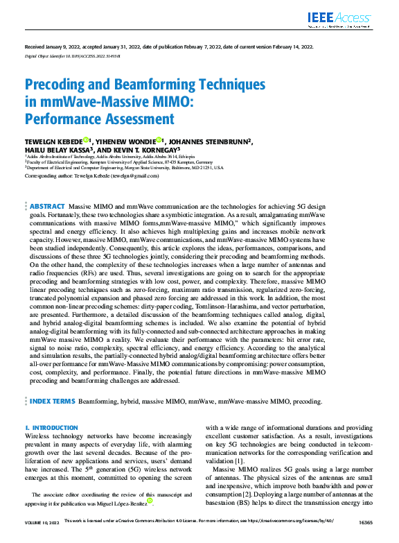 (PDF) Precoding and Beamforming Techniques in mmWave-Massive MIMO: Performance Assessment
