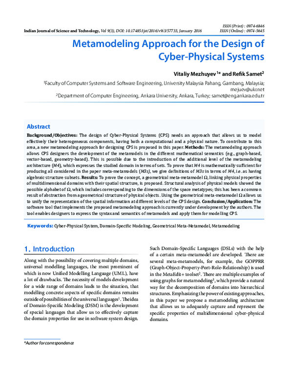 (PDF) Metamodeling Approach for the Design of Cyber-Physical Systems | Vitaliy Mezhuyev ...