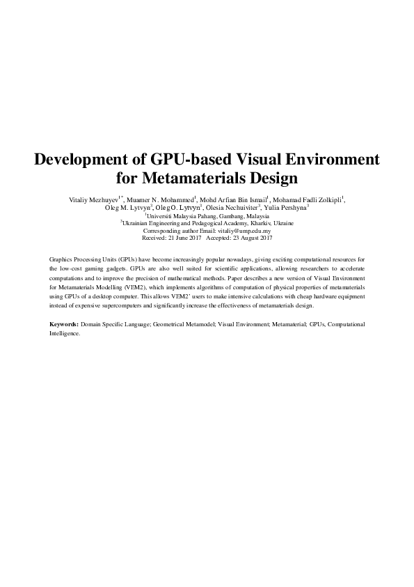 (PDF) Development of GPU-Based Visual Environment for Metamaterials Design | Vitaliy Mezhuyev ...