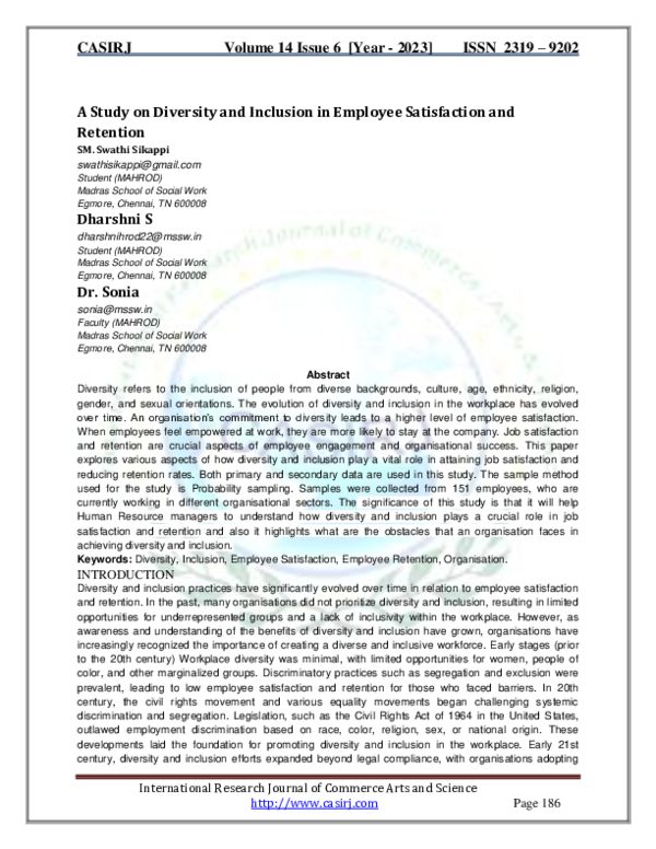 (PDF) A Study on Diversity and Inclusion in Employee Satisfaction and Retention