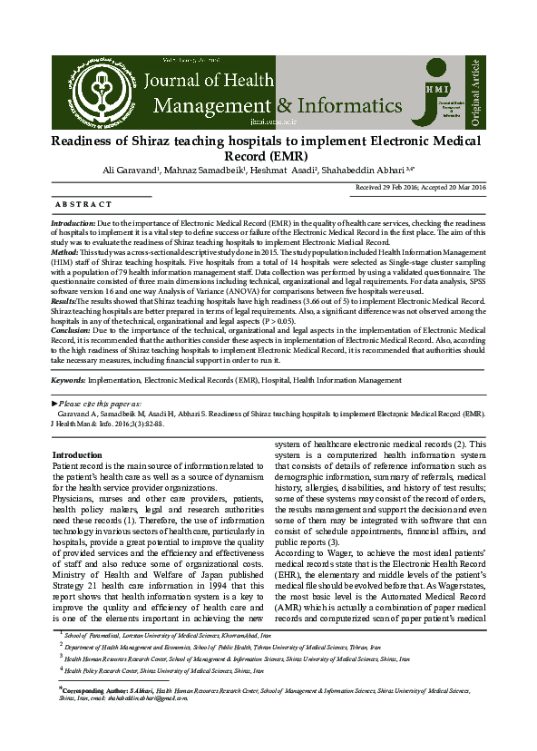 (PDF) Readiness of Shiraz teaching hospitals to implement Electronic ...