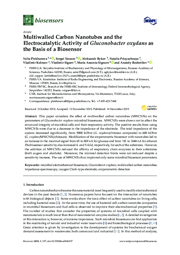 (PDF) Multiwalled Carbon Nanotubes and the Electrocatalytic Activity of Gluconobacter oxydans as ...